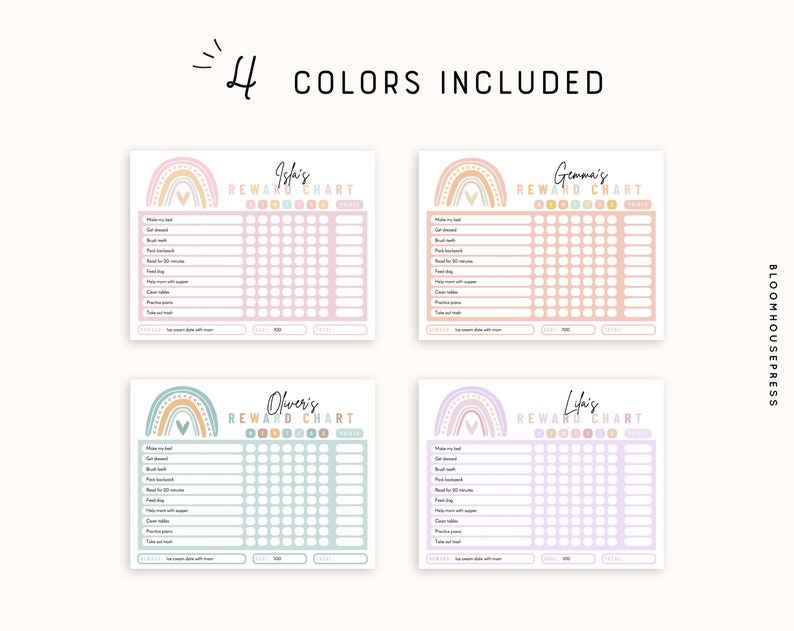 Reward Chart Multiple Kids Editable Printable Boho Rainbow - Etsy