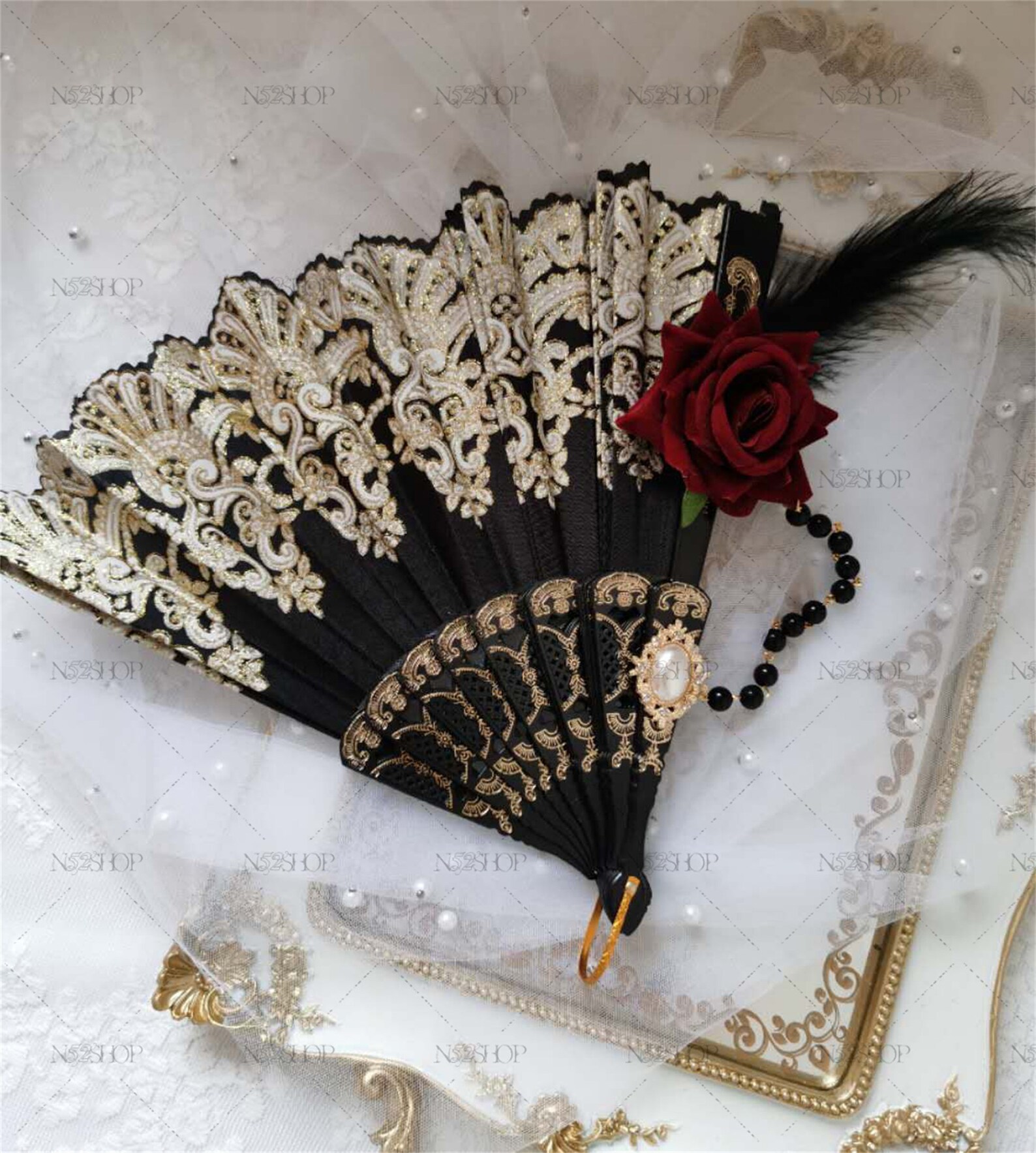 Feather Rose Folding Fan Renaissance Medieval Victorian Elizabethan ...