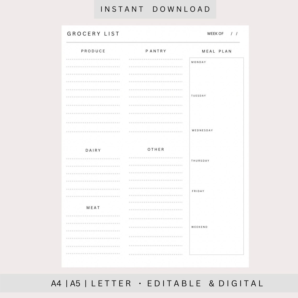 Meal Planning Grocery List Shopping List Printable Meal - Etsy