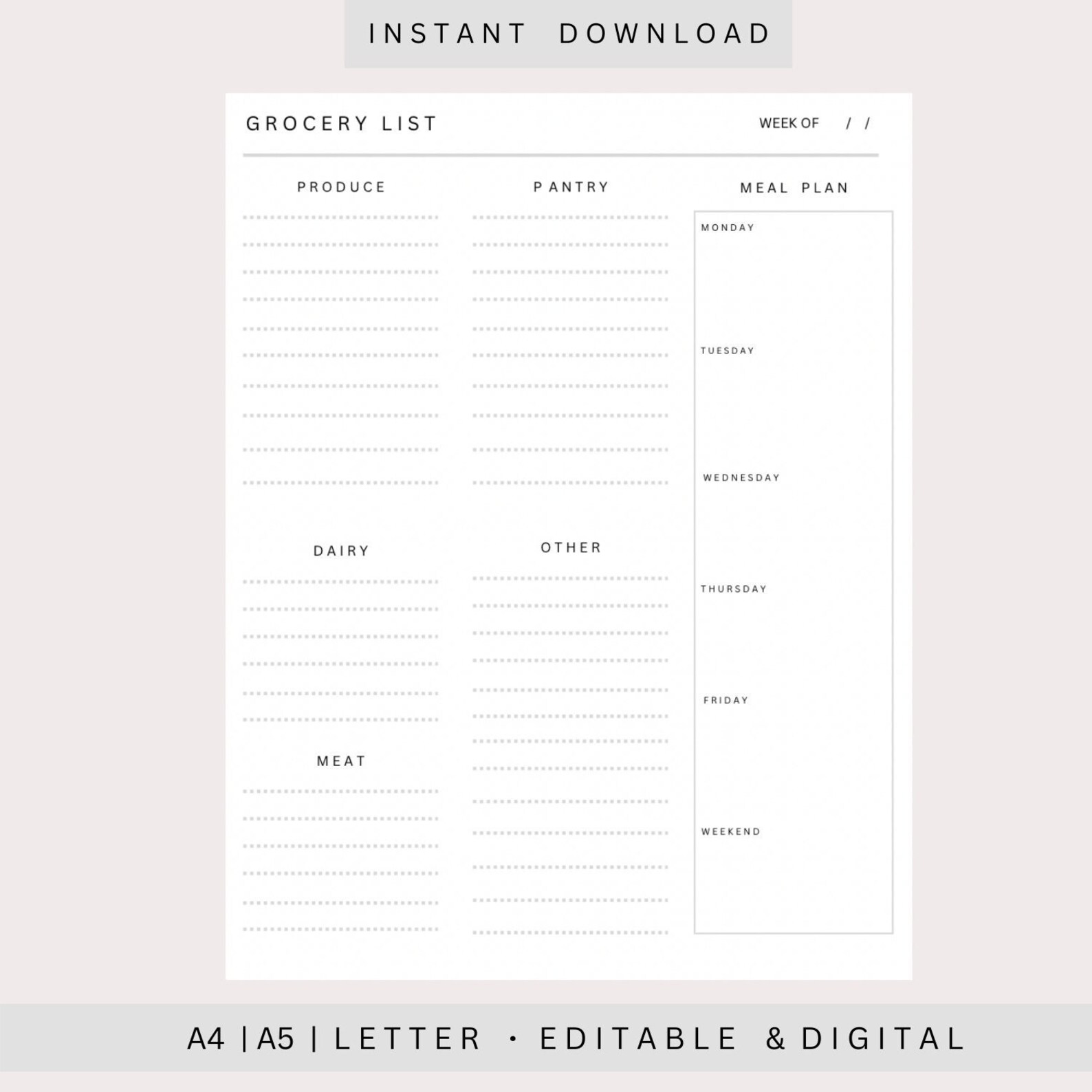 Meal Planning, Grocery List, Shopping List, Printable Meal Planner ...