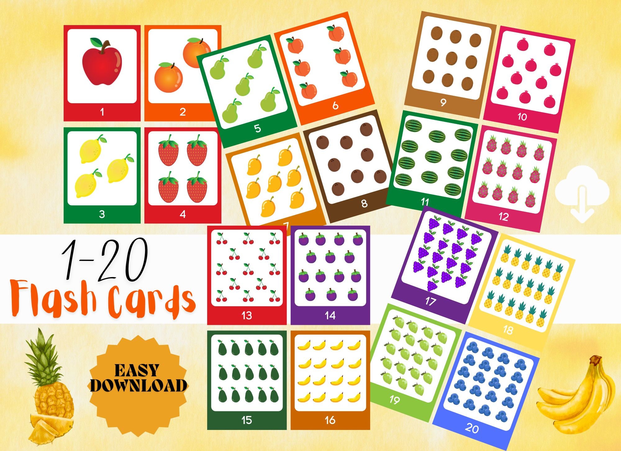 1-20 Counting Flash Cards | Fruits | Colorful Fun | Learning - Etsy