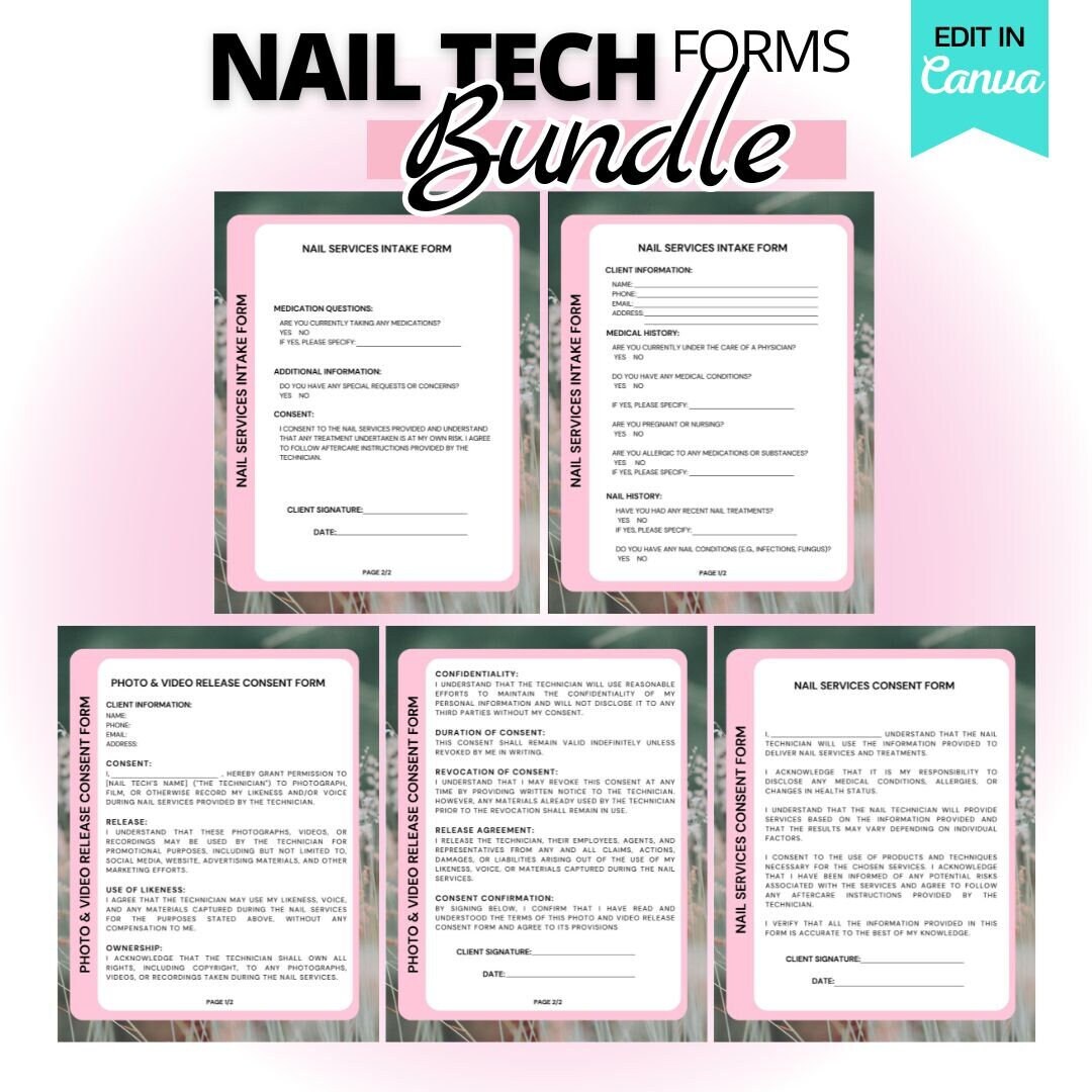 Nail Tech 3 in 1 Bundle Client Record Intake Tracker Form Service ...