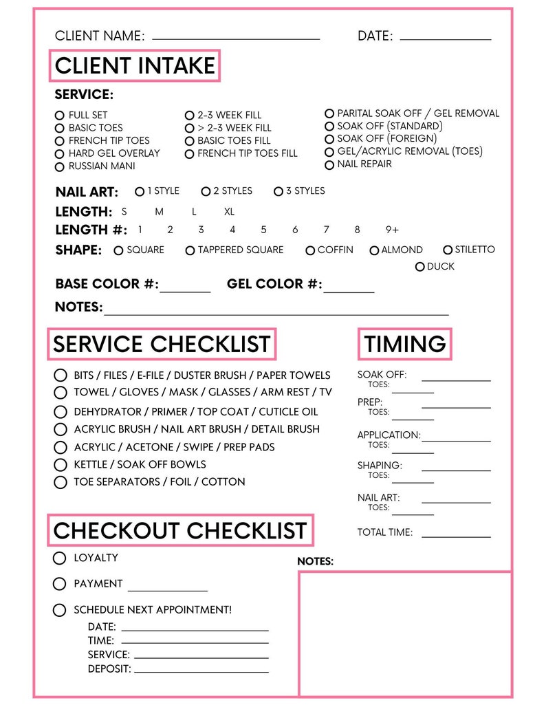 Nail Tech Client Record Intake Tracker Form Service Checklist Template ...