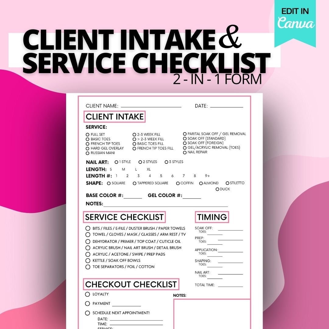 Nail Tech Client Record Intake Tracker Form Service Checklist Template ...