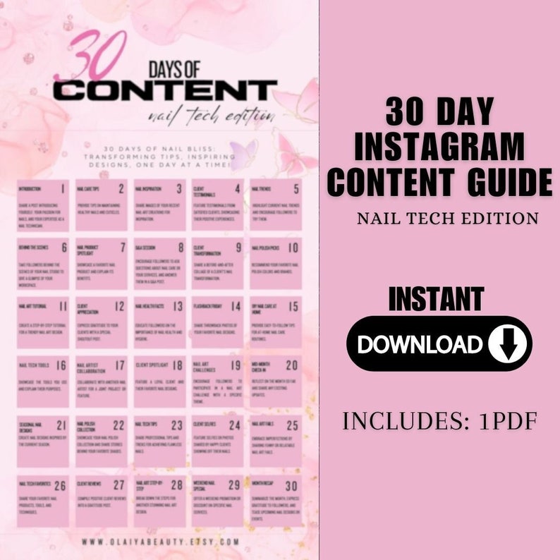 30 Day Instagram Content Creation Guide Challenge Nail Tech Monthly Calendar Planner Schedule ...
