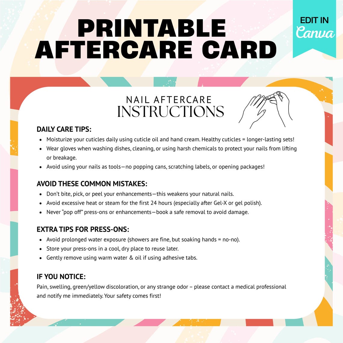 Nail Tech Aftercare Card for Clients – Editable Nail Care Instructions ...