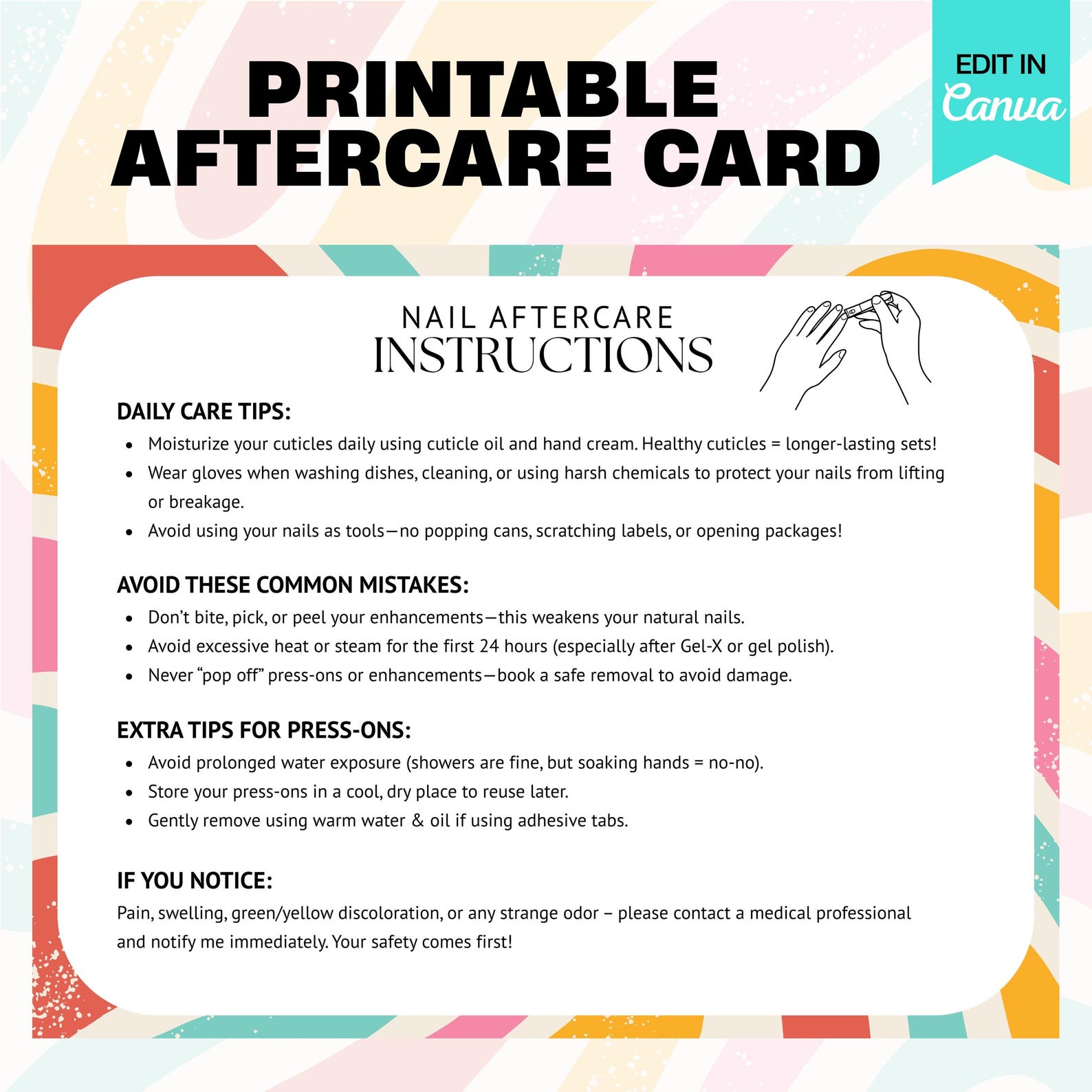 Nail Tech Aftercare Card for Clients – Editable Nail Care Instructions ...
