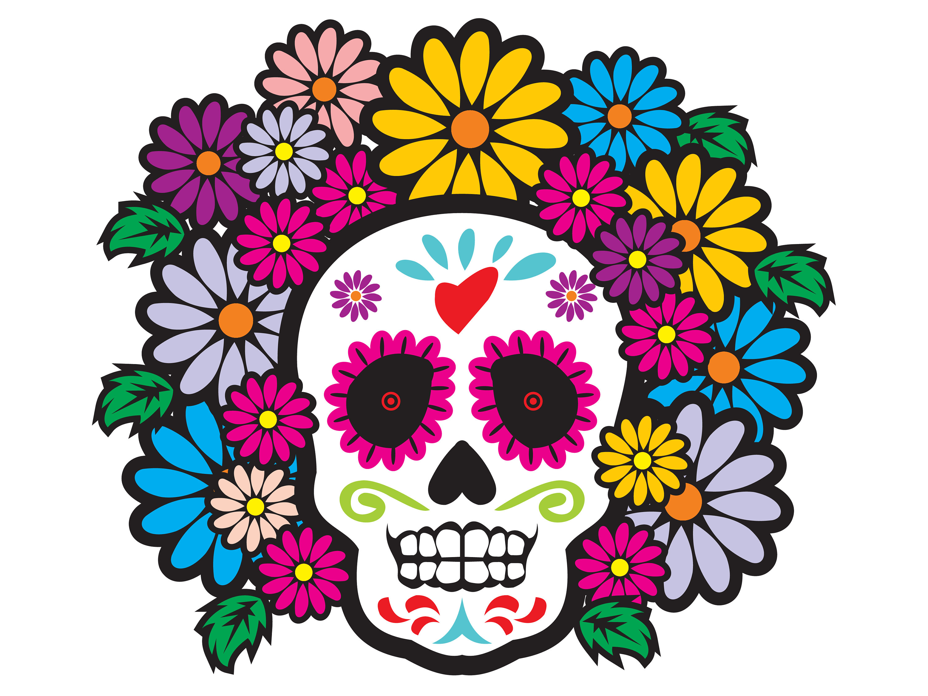 Colorful Svg Sugar Skull W Flowers Vector Heat Transfer Dye Etsy
