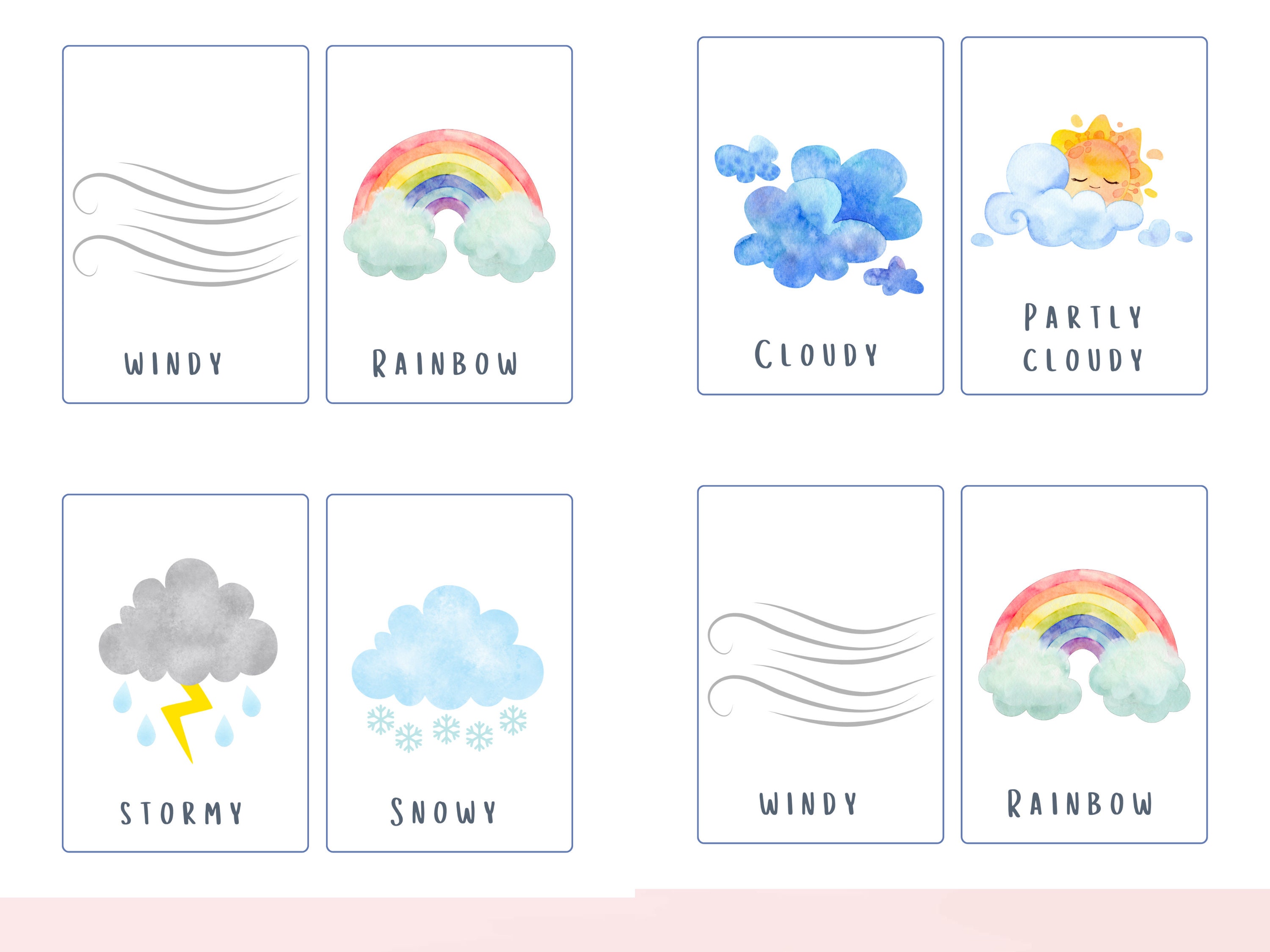 Watercolor Weather Learning Cards Printable Educational Set for Kids - Etsy