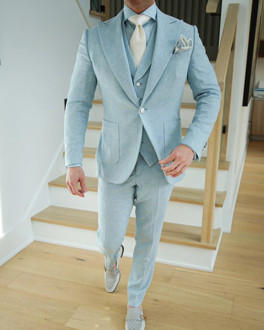 Mens 3 Piece Party Wear Skyblue Suits Elegant Dress Suits Grooms ...