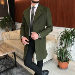 Mens Green Wool Overcoat for Men Dinner Party Wear Evening Wear ...