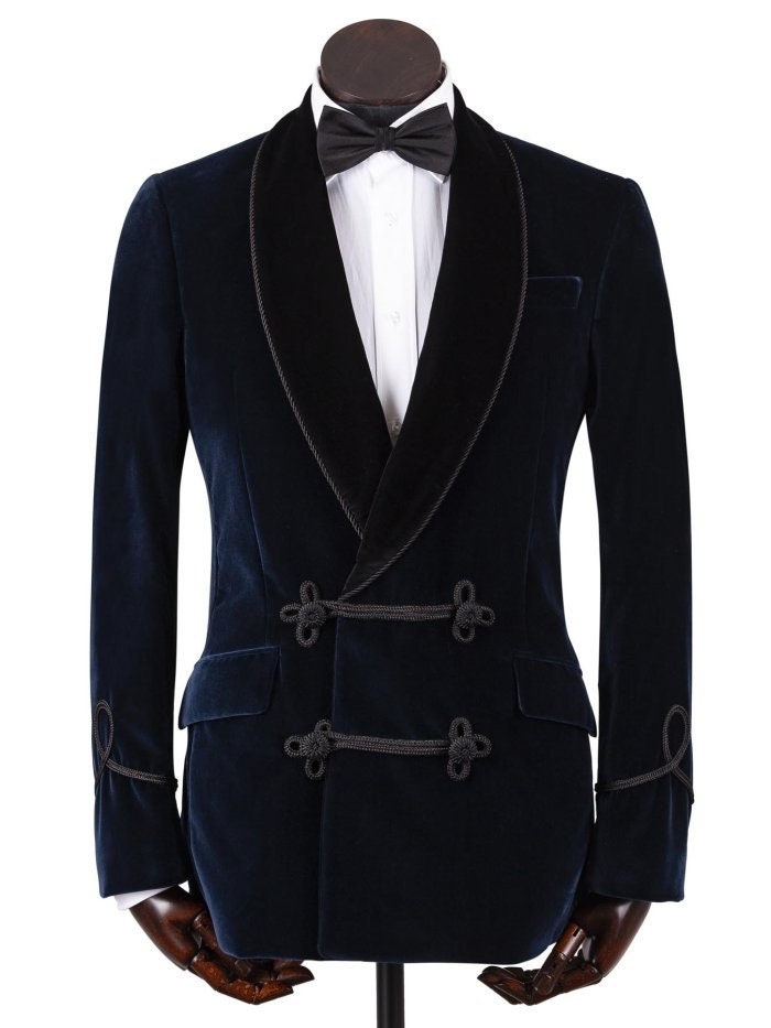 Mens Navy Blue Velvet Smoking Jacket, Double Breasted Evening Coat - Etsy
