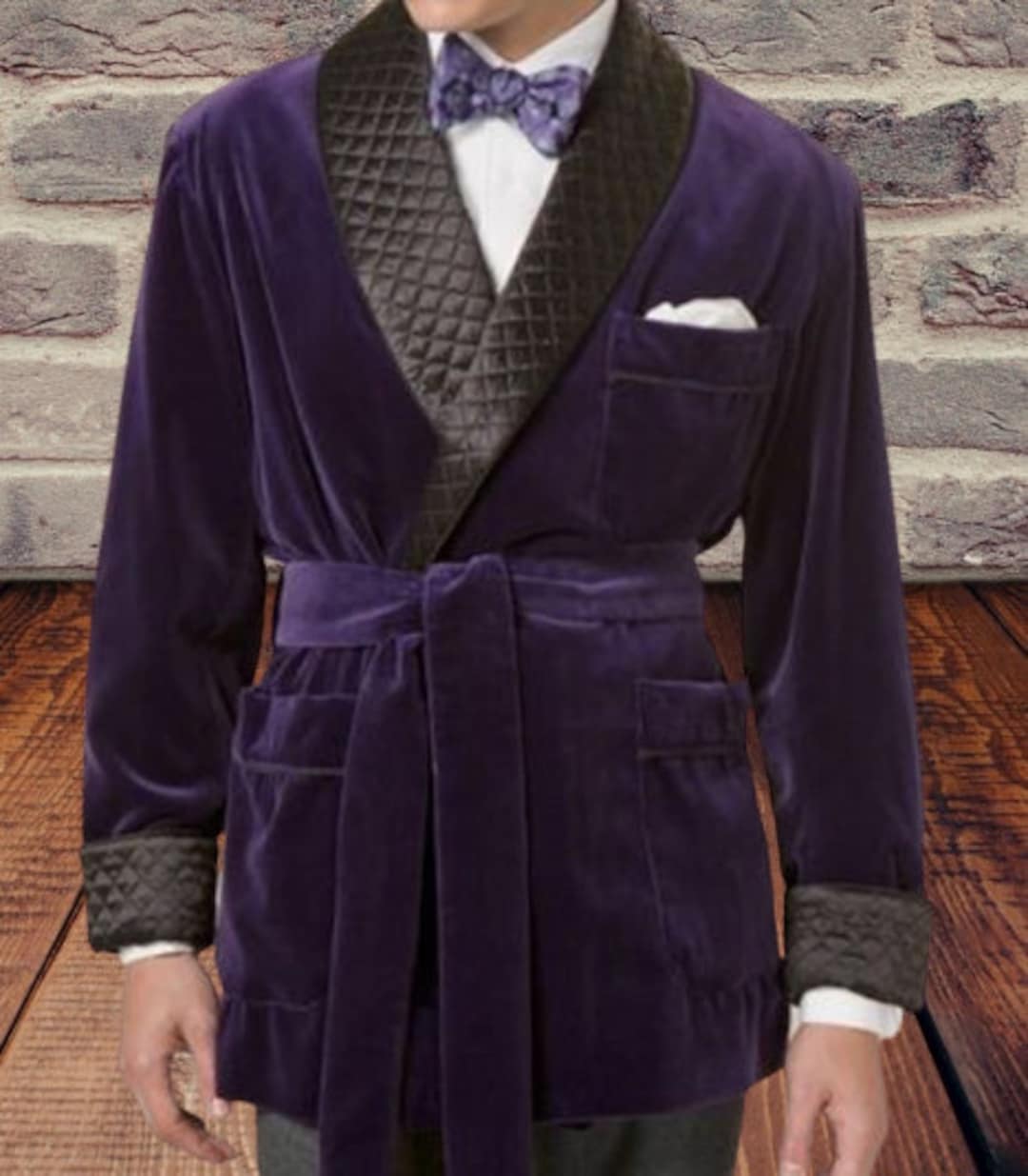 Mens Velvet Robe Smoking Jacket Wine,purple Velvet Black Quilted Silk ...