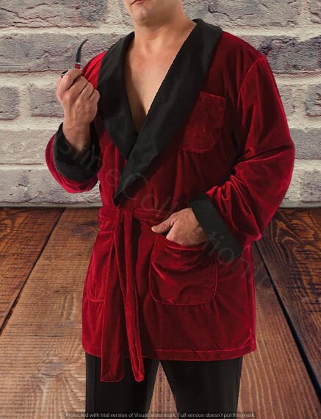 Gentlemen Maroon Smoking Jacket Vintage Robes With Black Lapel Cuff ...