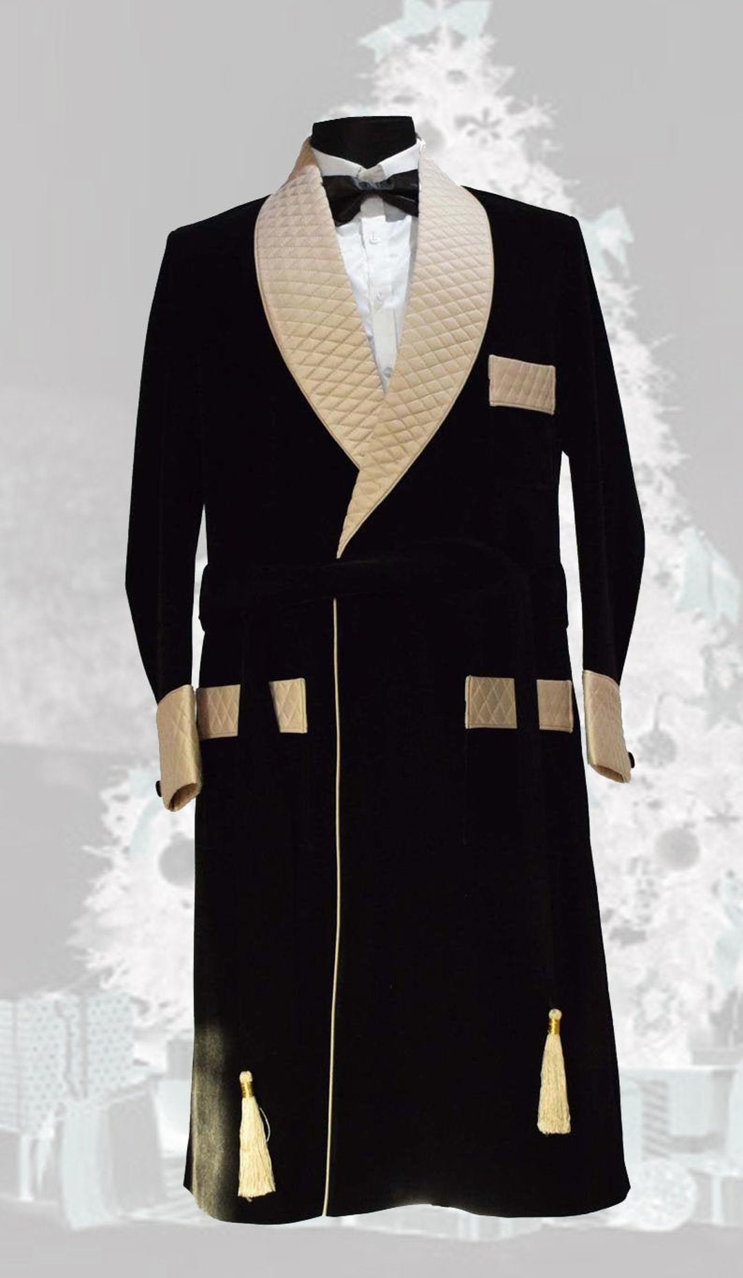 Mens Black Velvet Smoking Jacket, Vintage Style Quilted Lapel Gown - Etsy