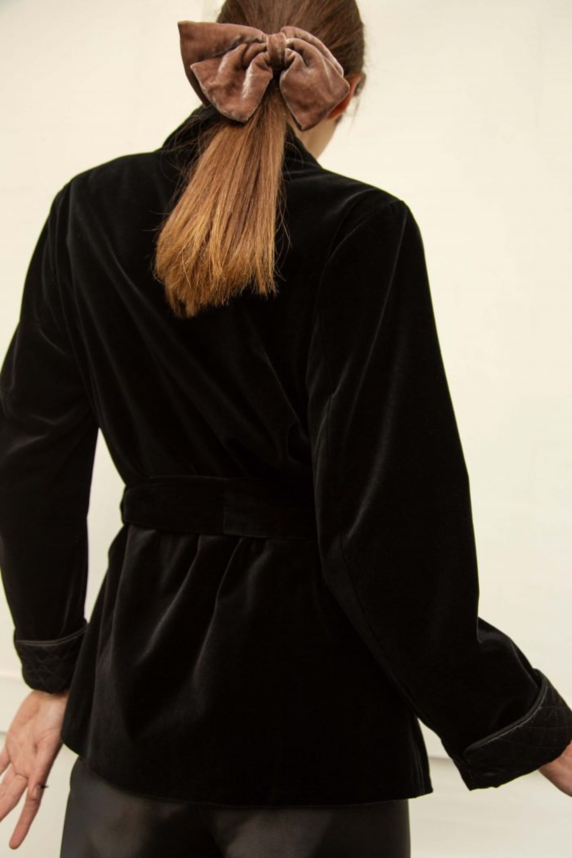 Womens Black Velvet Robes Quilted Smoking Jackets Smoking Dressing ...