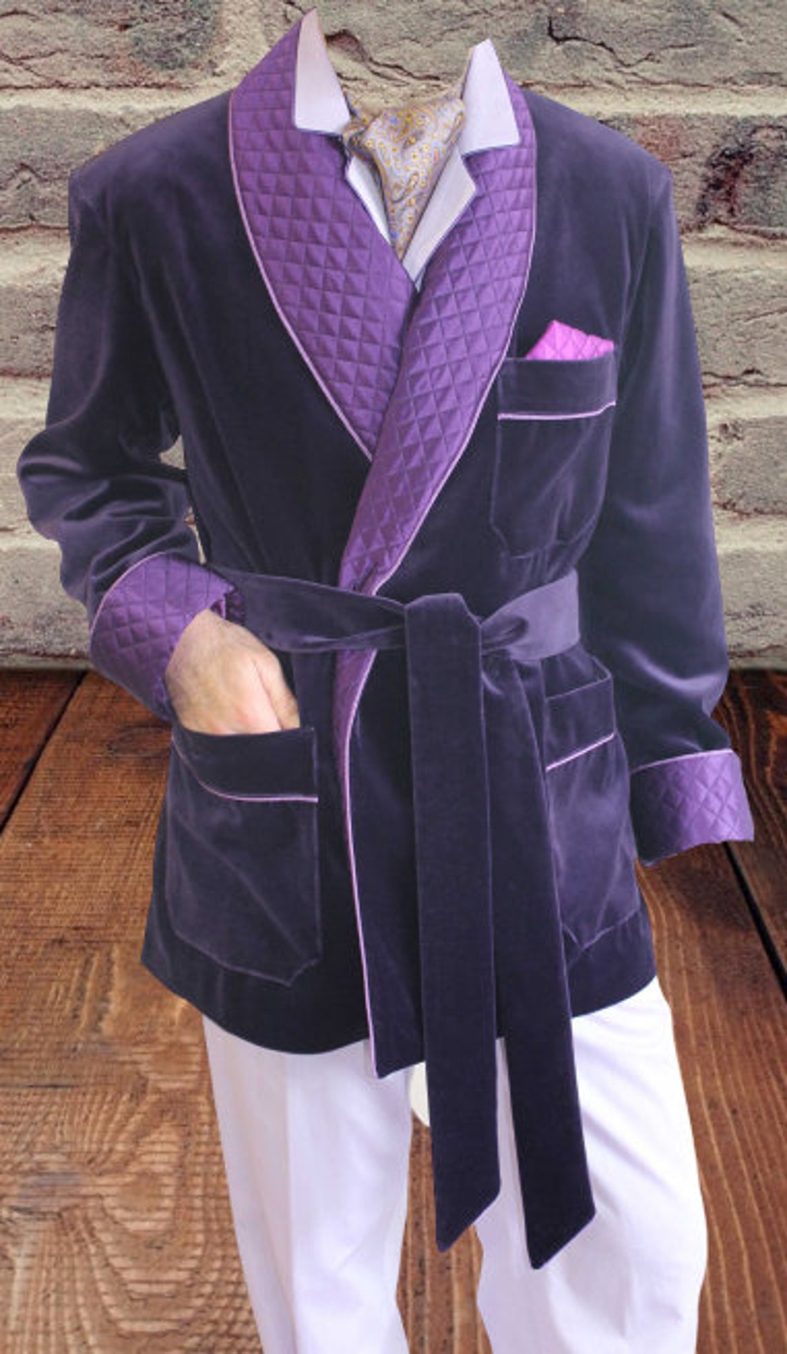 Mens Vintage Robes Purple Smoking Jacket Quilted Lapel Cuff | Etsy