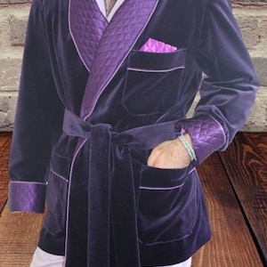 Mens Vintage Robes Purple Smoking Jacket Quilted Lapel Cuff Coat ...