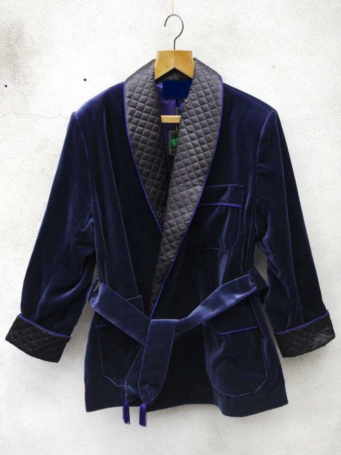 Blue Velvet Smoking Jacket, Quilted Satin Shawl Lapel, Evening Robe - Etsy