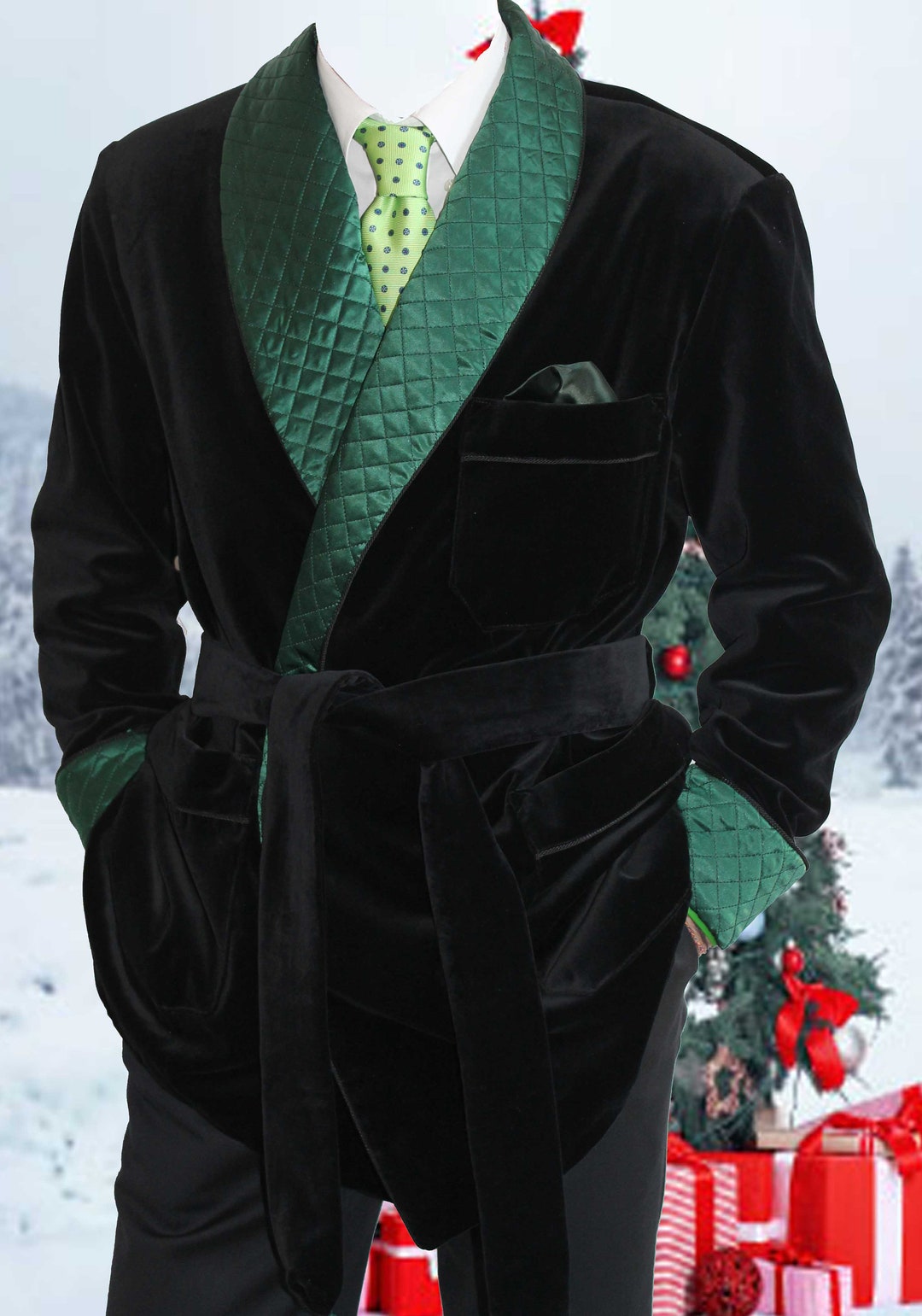 Mens Velvet Dressing Robes Smoking Jackets Black Velvet With Green ...