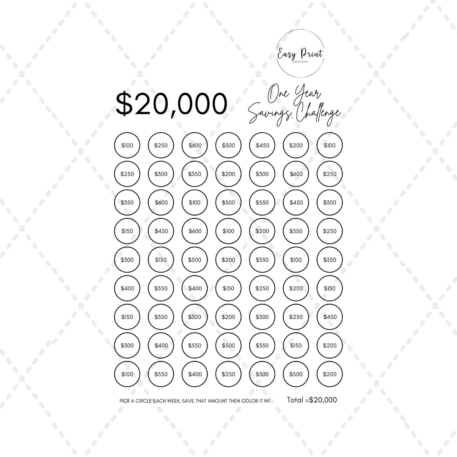 Save 20,000 Dollars in One Year-printable 20K Savings Challenge-easy to ...