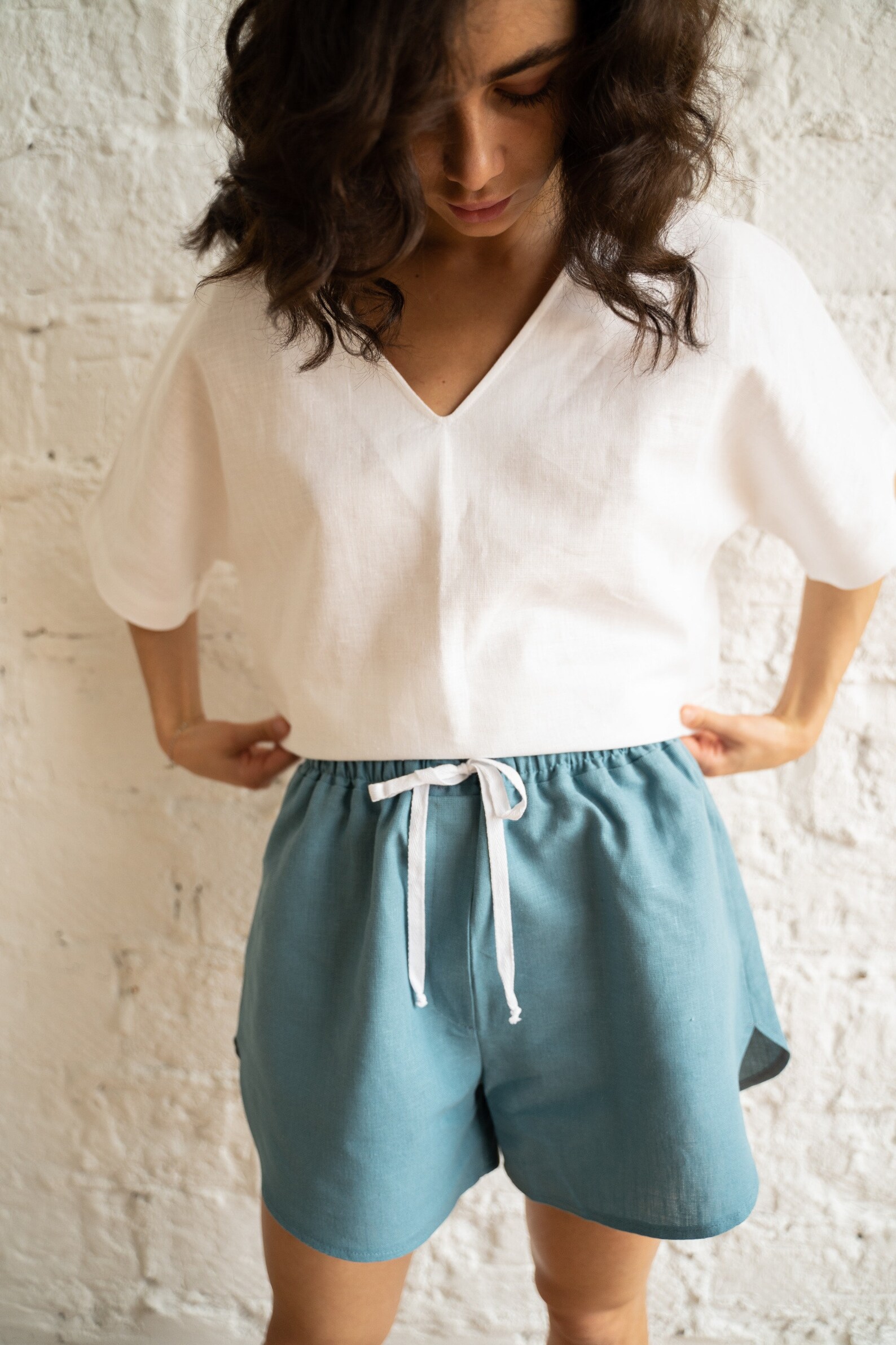 Women Linen Suit Bermuda Shorts And Loose Fit Shirt Flax Etsy