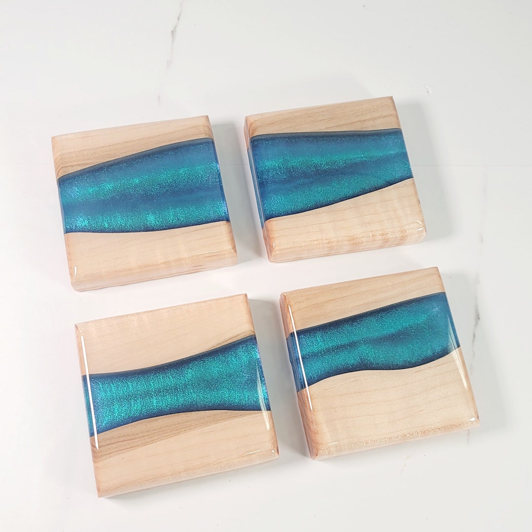 Epoxy Coasters | Maple Wood With Teal Epoxy | Set of 4 | - Etsy