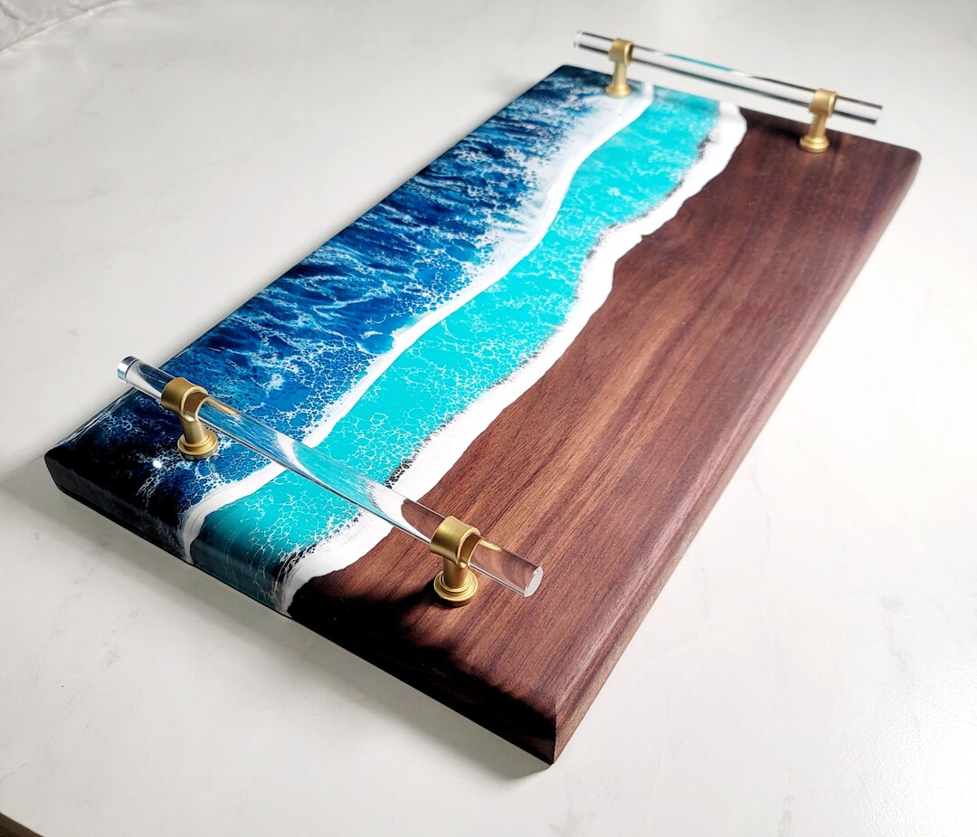 Ocean Wave Walnut Epoxy Charcuterie Board W/ Handles | Cheese Board ...