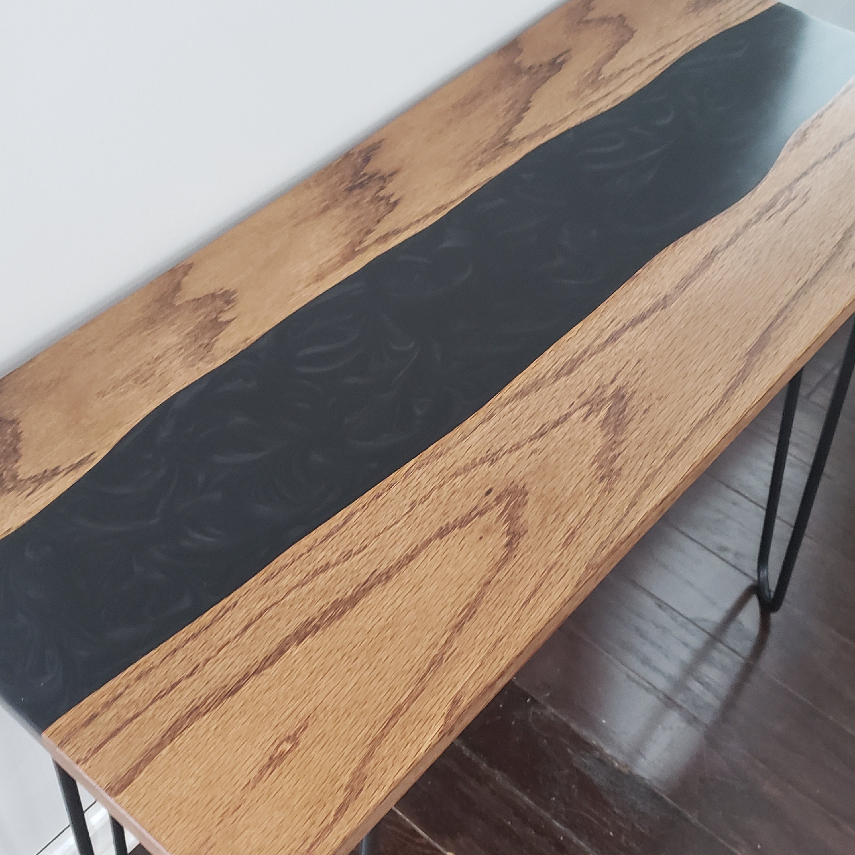 Silky Black Swirl Epoxy River Oak Side Table | Etsy
