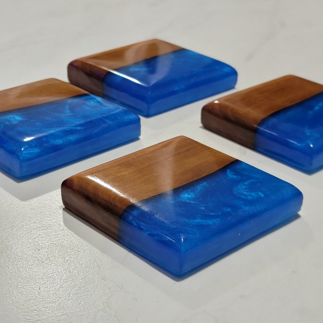 Epoxy Coasters | Cherry Wood With Bright Blue Epoxy | Set of 4 | - Etsy