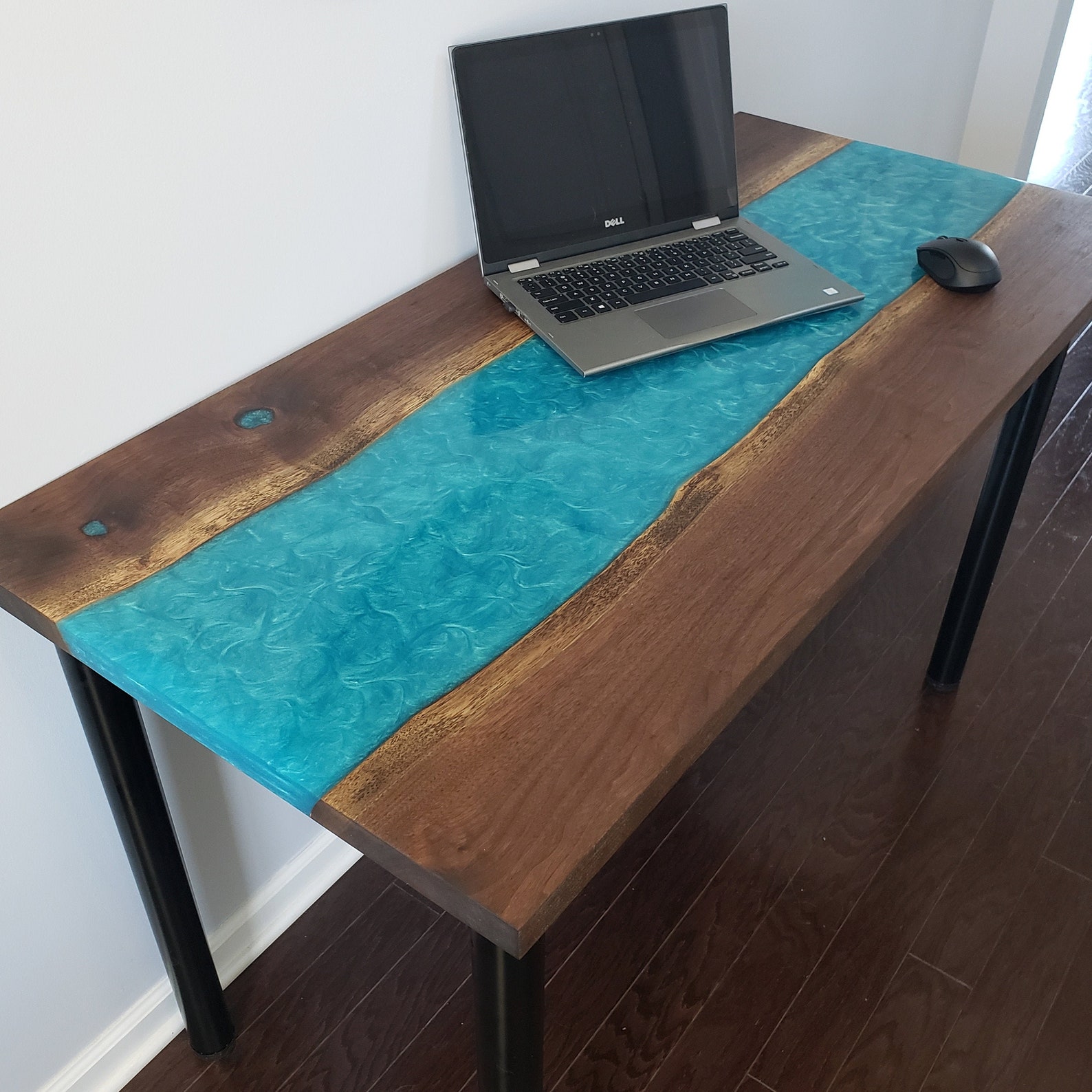 Walnut Turquoise Epoxy River Computer Desk | Etsy