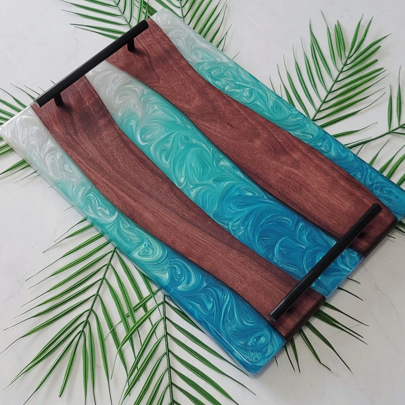 Walnut Wood With White & Teal Epoxy Resin River Charcuterie - Etsy