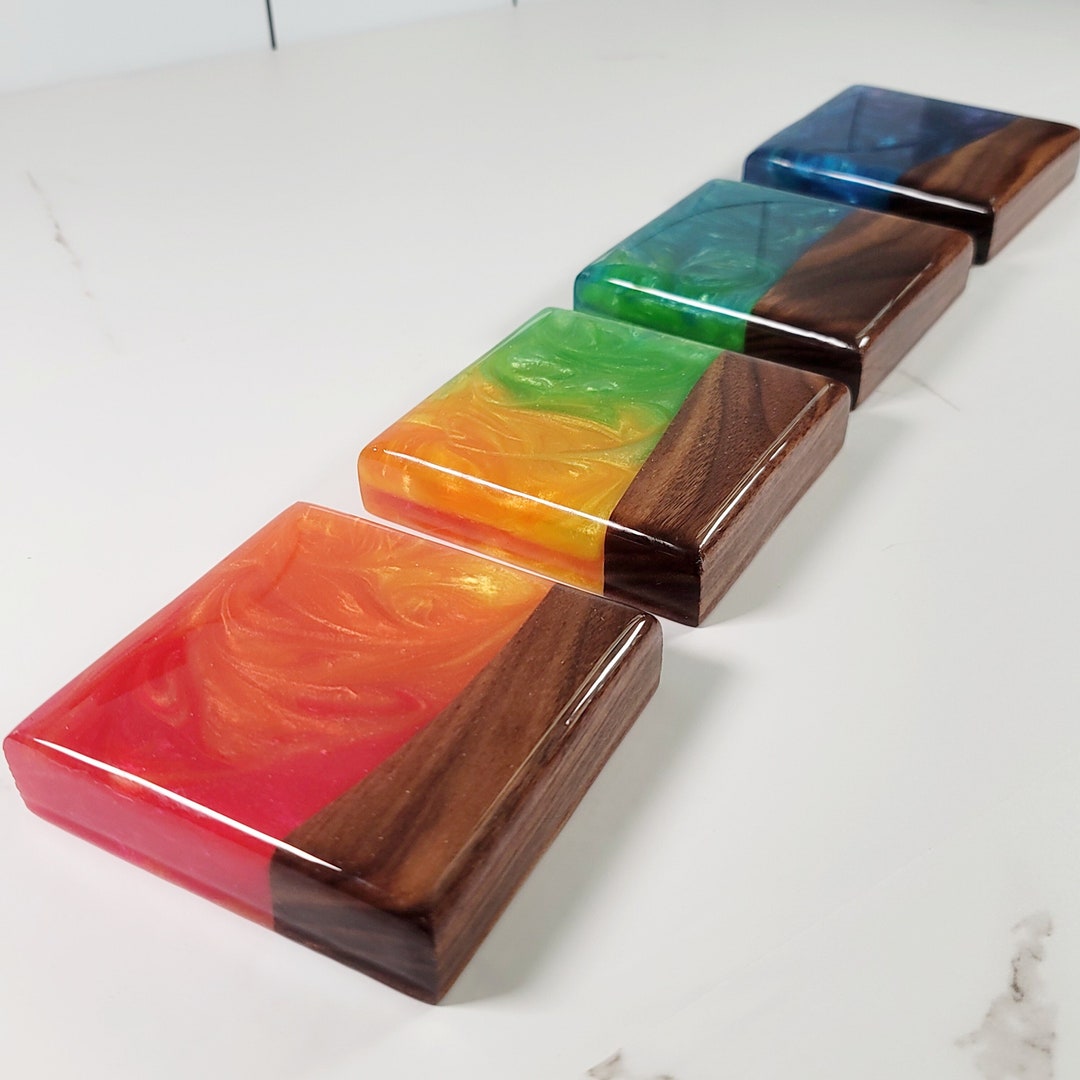 Epoxy Coasters | Walnut Wood With Rainbow Epoxy | Set of 4 | - Etsy