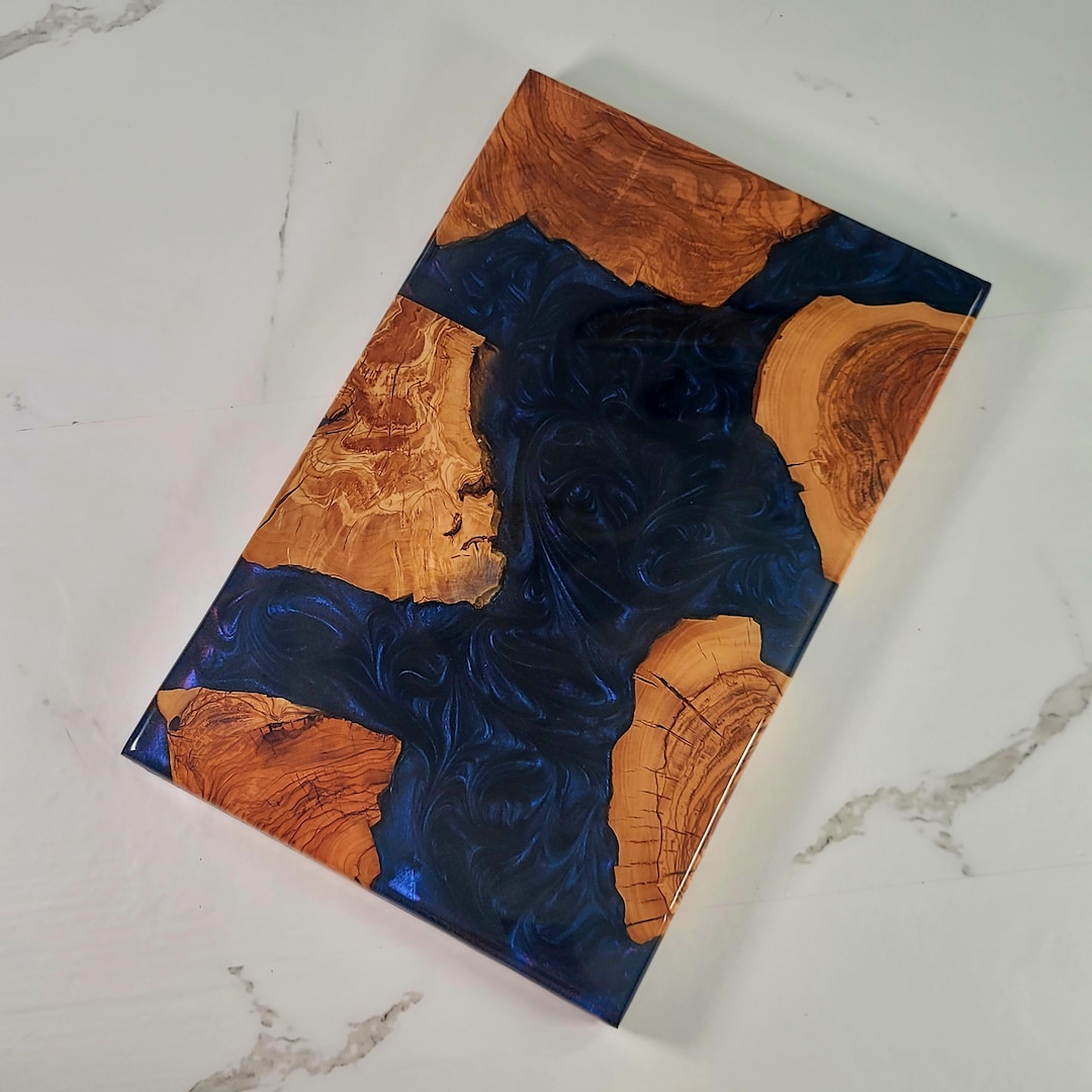 Olive Wood Charcuterie Board With Dark Blue Color Shifting Epoxy Cheese ...