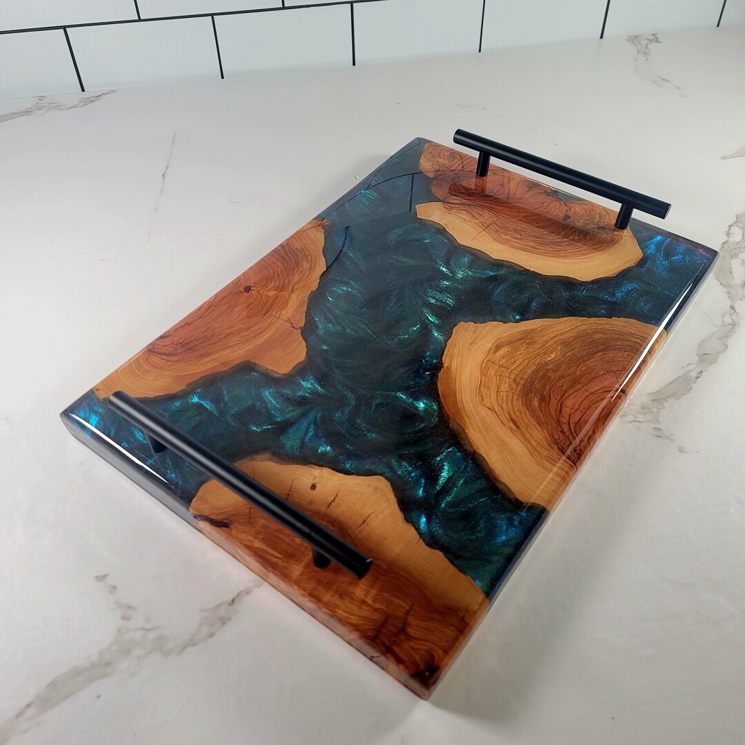 Olive Wood Charcuterie Board With Green Color Shifting Epoxy Cheese ...