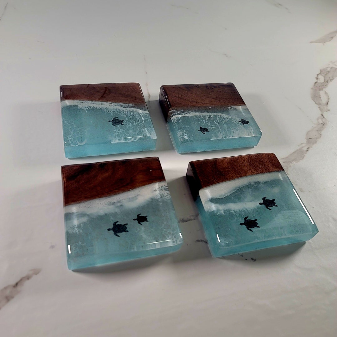 Epoxy Coasters Walnut Wood With Teal Epoxy and Sea Turtles Set of 4 - Etsy