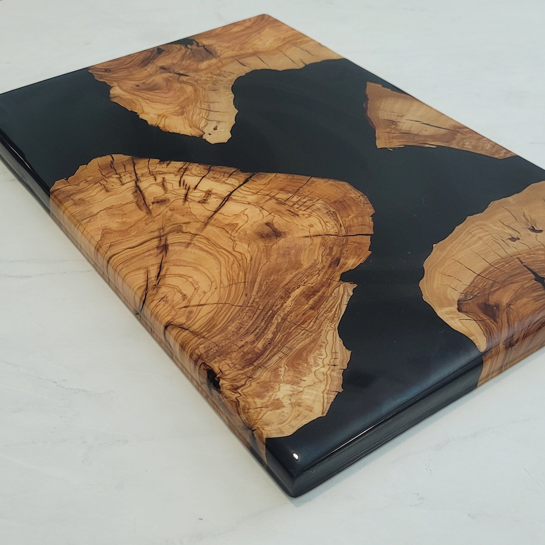 Olive Wood Charcuterie Board With Black Epoxy | Cheese Board | Serving ...