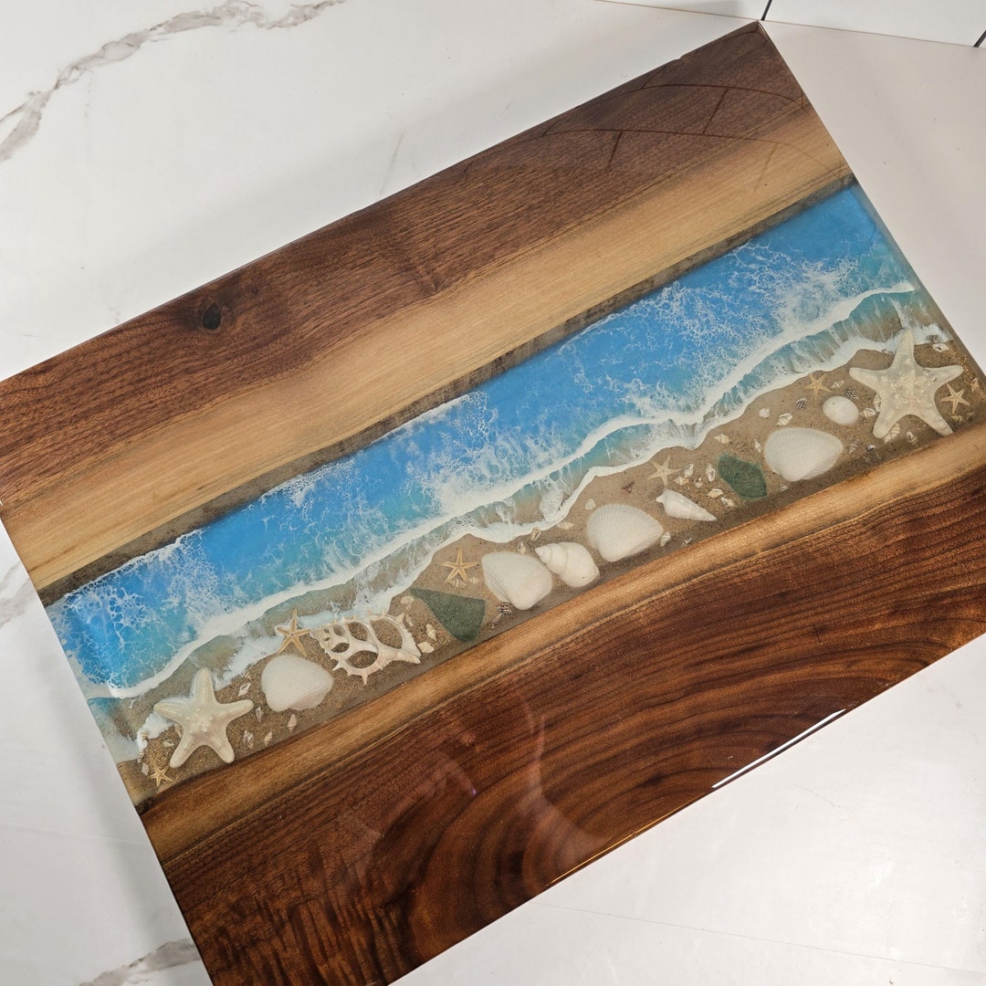 Large Walnut Ocean & Sea Shells Resin River Charcuterie Board | Cheese ...