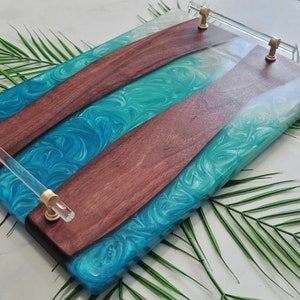 Walnut Wood With White & Teal Epoxy Resin River Charcuterie Board ...