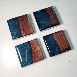 Epoxy Coasters | Walnut Wood With Dark Peacock Blue/teal Epoxy | Set of ...