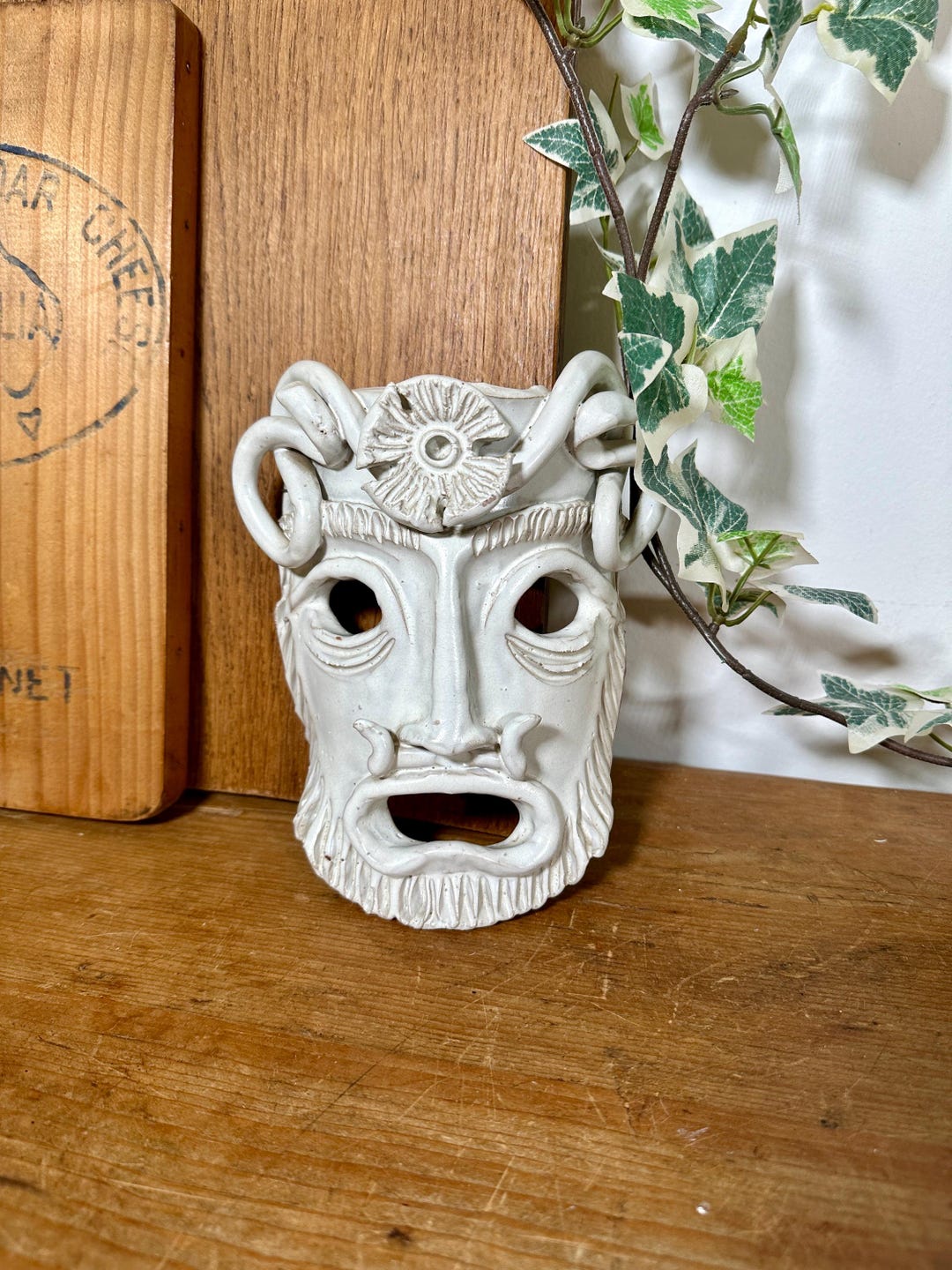 Vintage White Terracotta Gargoyle Mask | 3D Pottery Sculpture Hanging ...