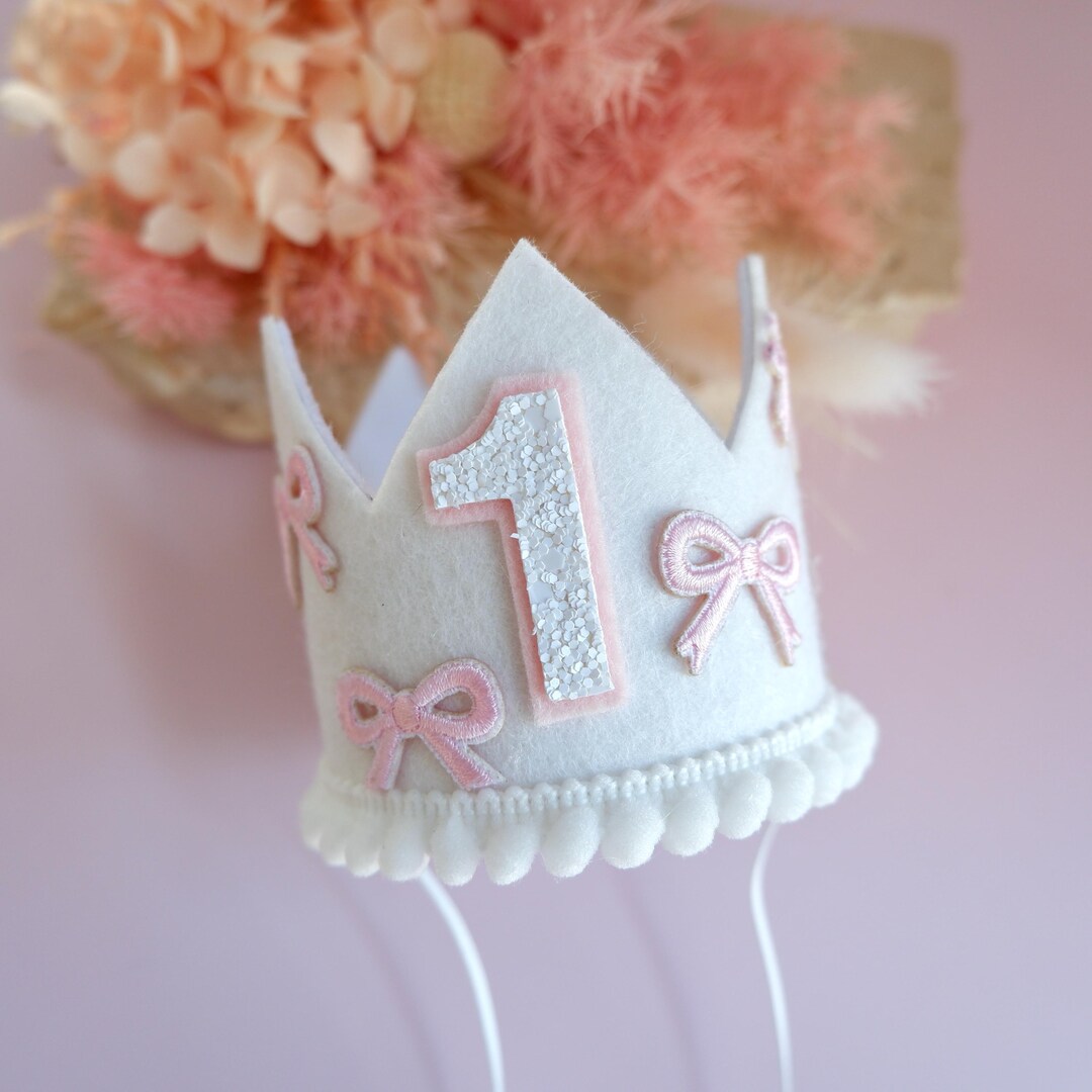 White Pink Bow Birthday Crown - Bows Crown - First Birthday - Pink Bows ...