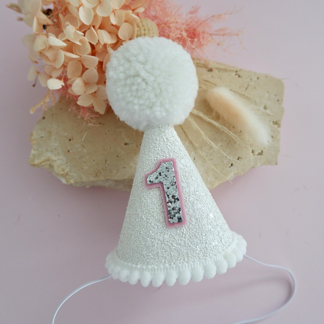 White Pink Sparkle Birthday Hat - White Pink Sparkle Party Hat - First ...