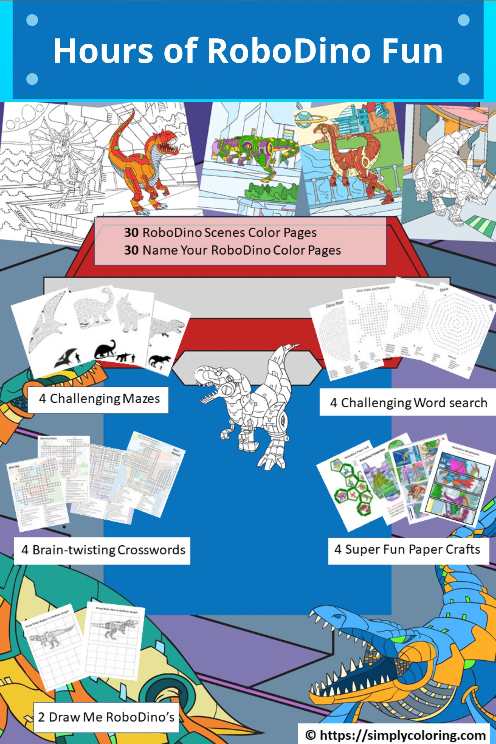 Printable Dinosaur Coloring Pages, Robot Coloring Pages, Instant ...