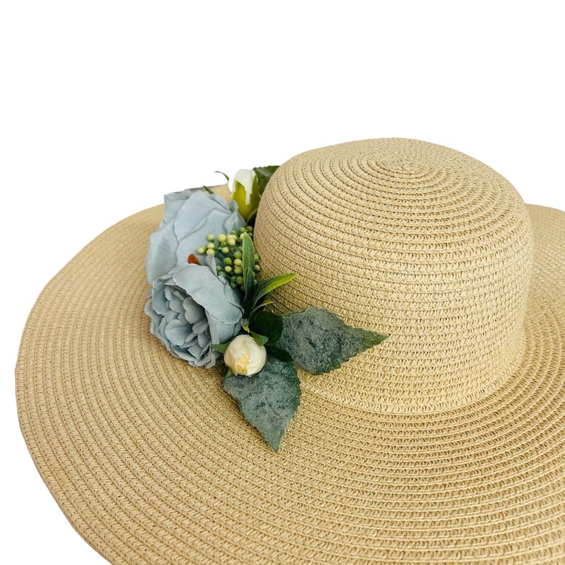 Elegant Light Blue Rose Straw Sun Floppy Wide Brim Hat . Size S/M - Etsy