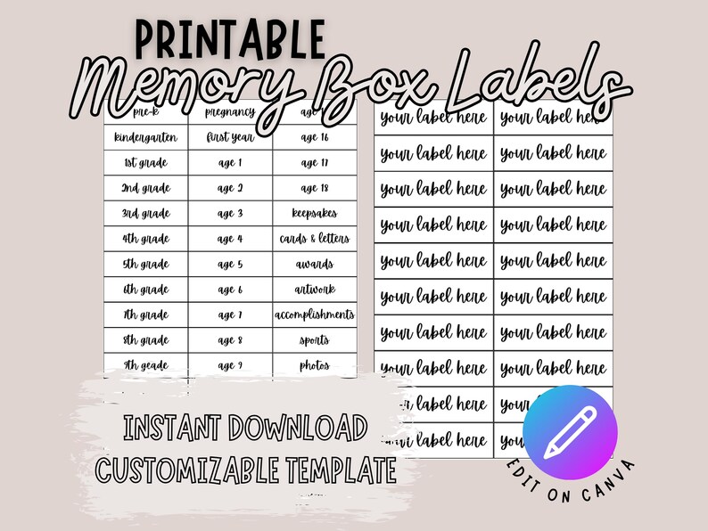 Memory Box Labels, Milestone Tote Labels, Printable Folder Labels ...