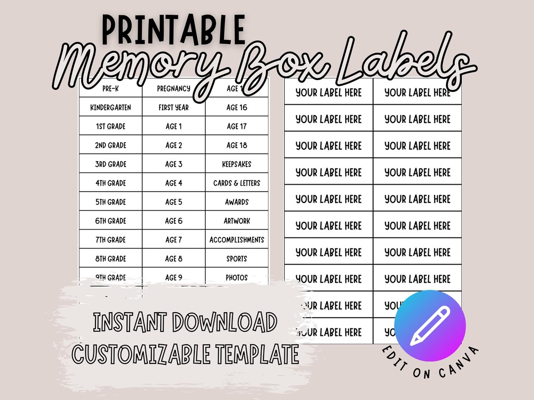 Memory Box Labels, Milestone Tote Labels, Printable Folder Labels ...