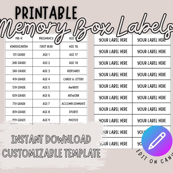 Memory Box Labels, Milestone Tote Labels, Printable Folder Labels ...