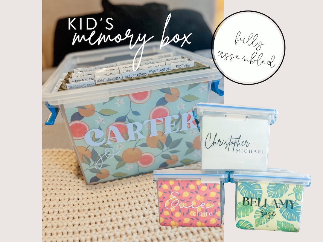 Kids Memory Box, Kids File Box, Milestone Tote, Custom Labels, School ...