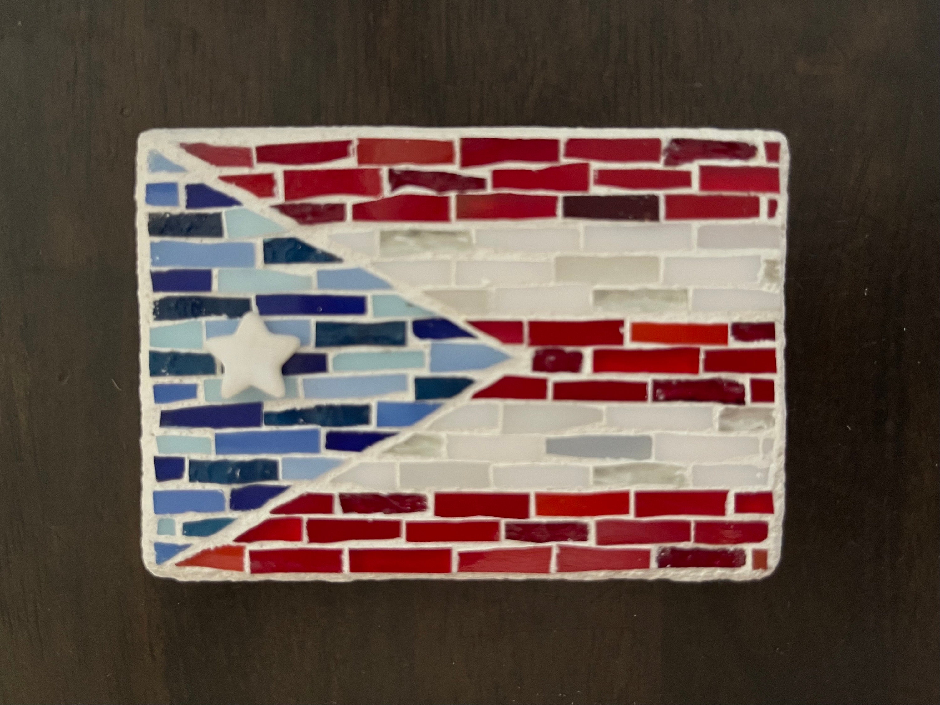 Puerto Rican Stained Glass Mosaic Flag 2.5" X 3.5" With Stand: Red, White and Blue; Black and ...